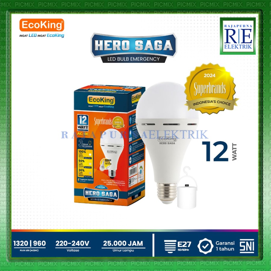 Jual LAMPU LED EMERGENCY MAGIC ECOKING HERO SAGA 12W AC DC ORIGINAL | Renos
