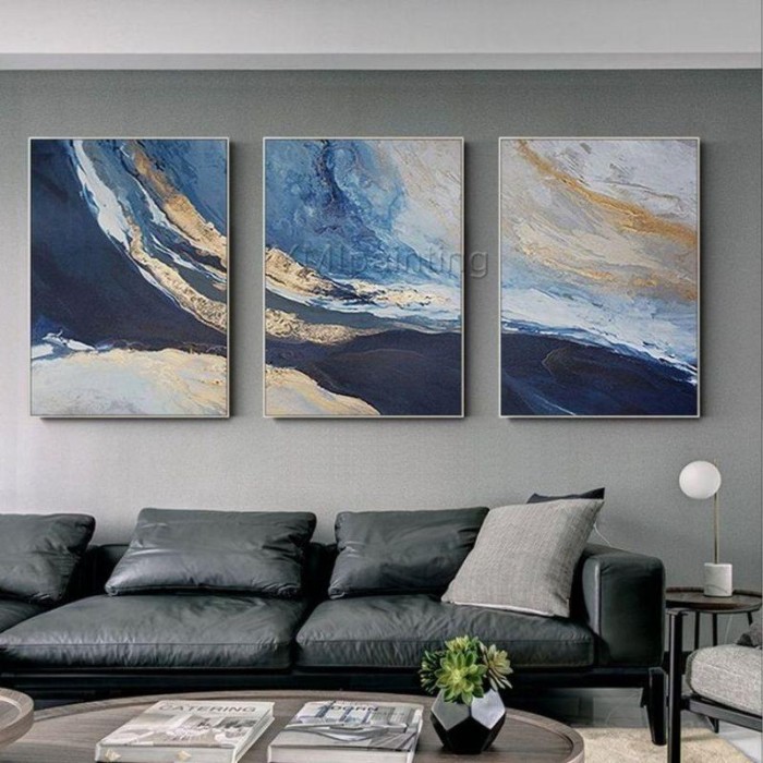 Jual Lukisan dinding ruang tamu abstrak blue gold modern art frame 3in1 ...