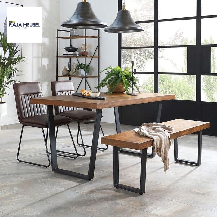Jual meja makan set bangku panjang kayu mahoni kaki besi | Renos