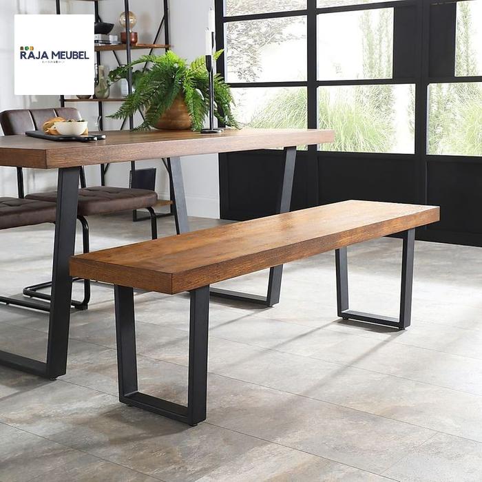 Jual meja makan set bangku panjang kayu mahoni kaki besi | Renos